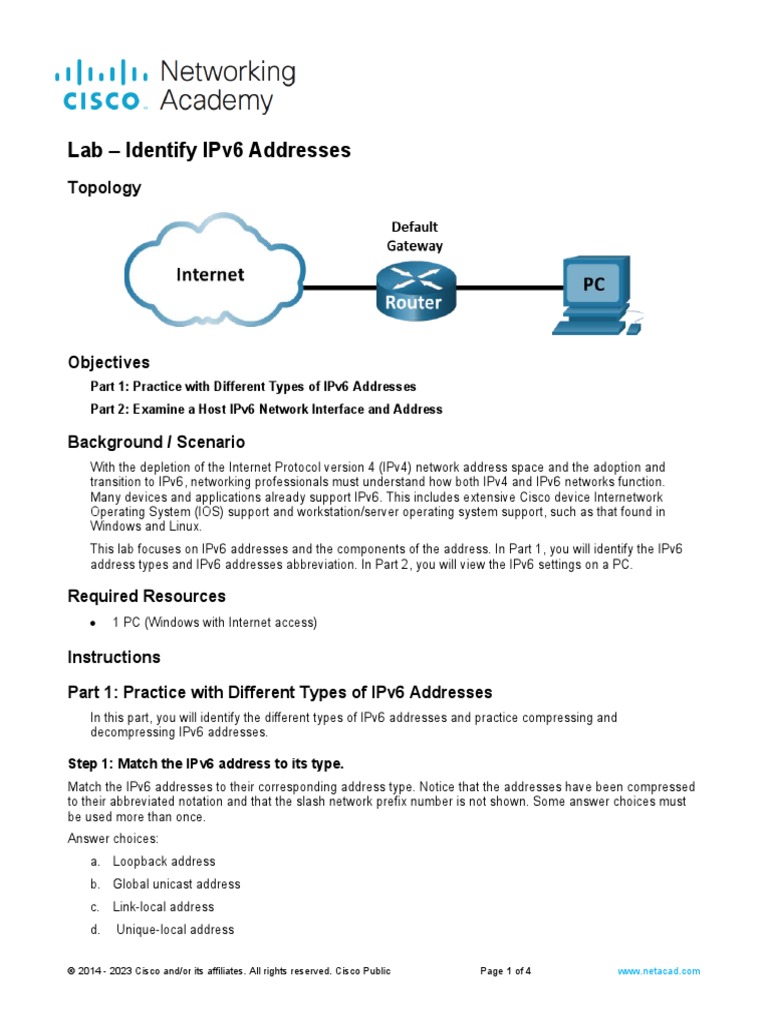 12.7.4 Lab - Identify IPv6 Addresses | PDF | I Pv6 | Osi Protocols