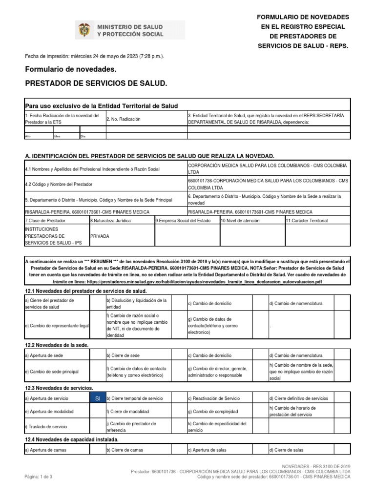 Formulario - Novedades - REPS - 3100 CX Torax | PDF