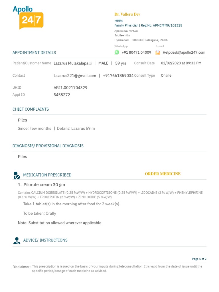 Prescription - Apollo 2471675353923256 | PDF