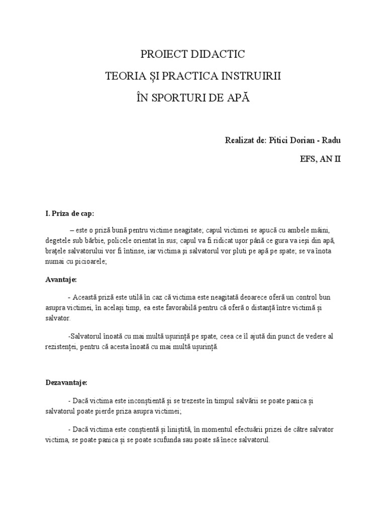 Proiect Didactic Teoria Și Practica Instruirii În Sporturi de Apă | PDF