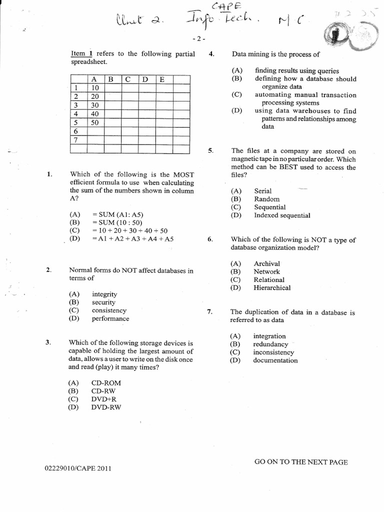 Cape Info Tech Unit 2 P1 2011 Pdf Databases Spreadsheet