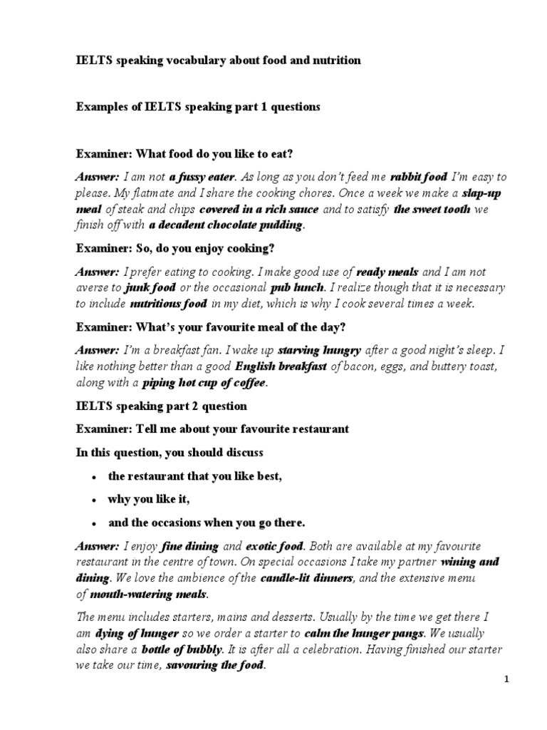 IELTS Speaking Vocabulary About Food and Nutrition | Download Free PDF ...