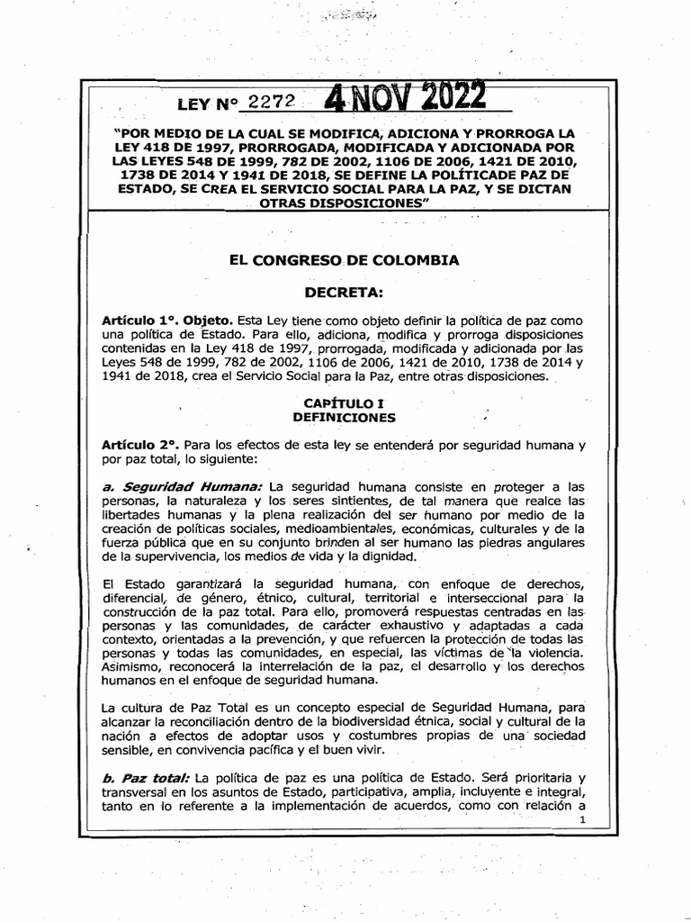 LEY 2272 de 2022. Paz Total | PDF