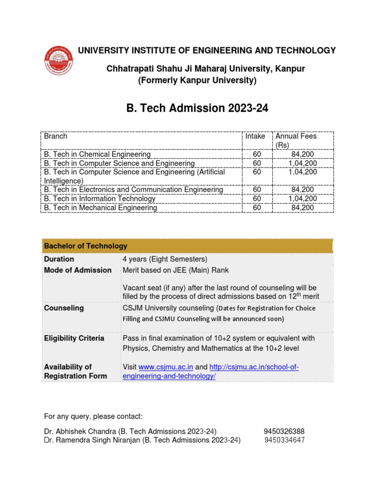 B. Tech Admission Notice 2023 24 | PDF
