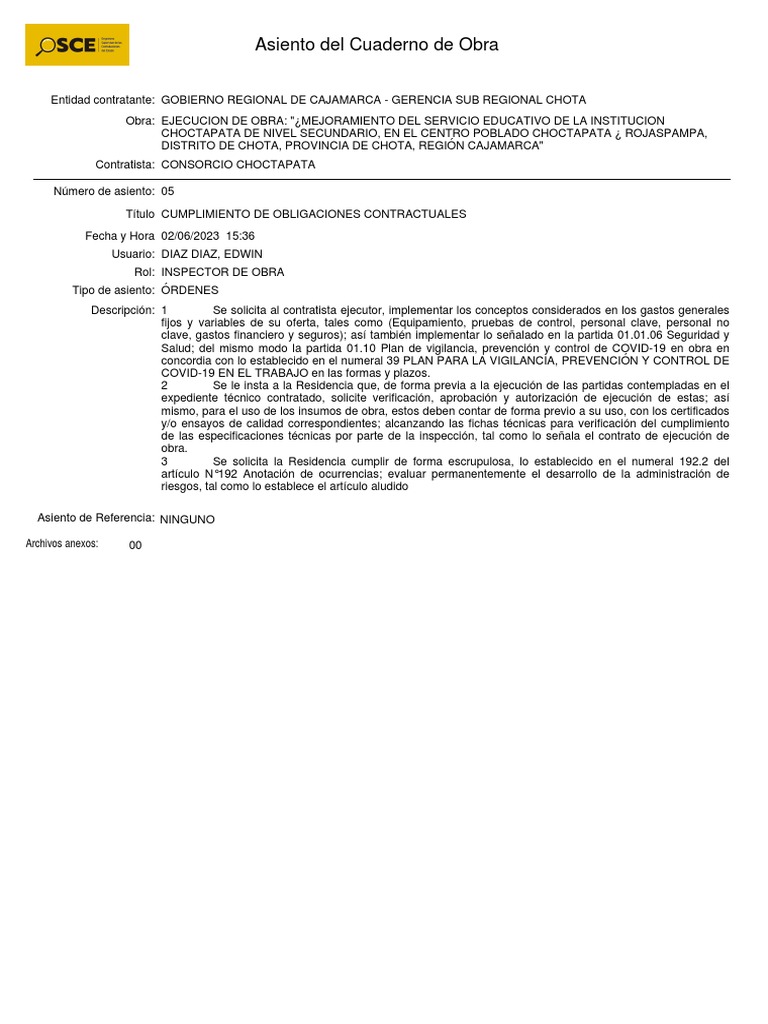 Asiento #05. Del Inspector de Obra. 02.06.2023. | PDF Asiento #05. Del Inspector de Obra. 02.06.2023. | PDF