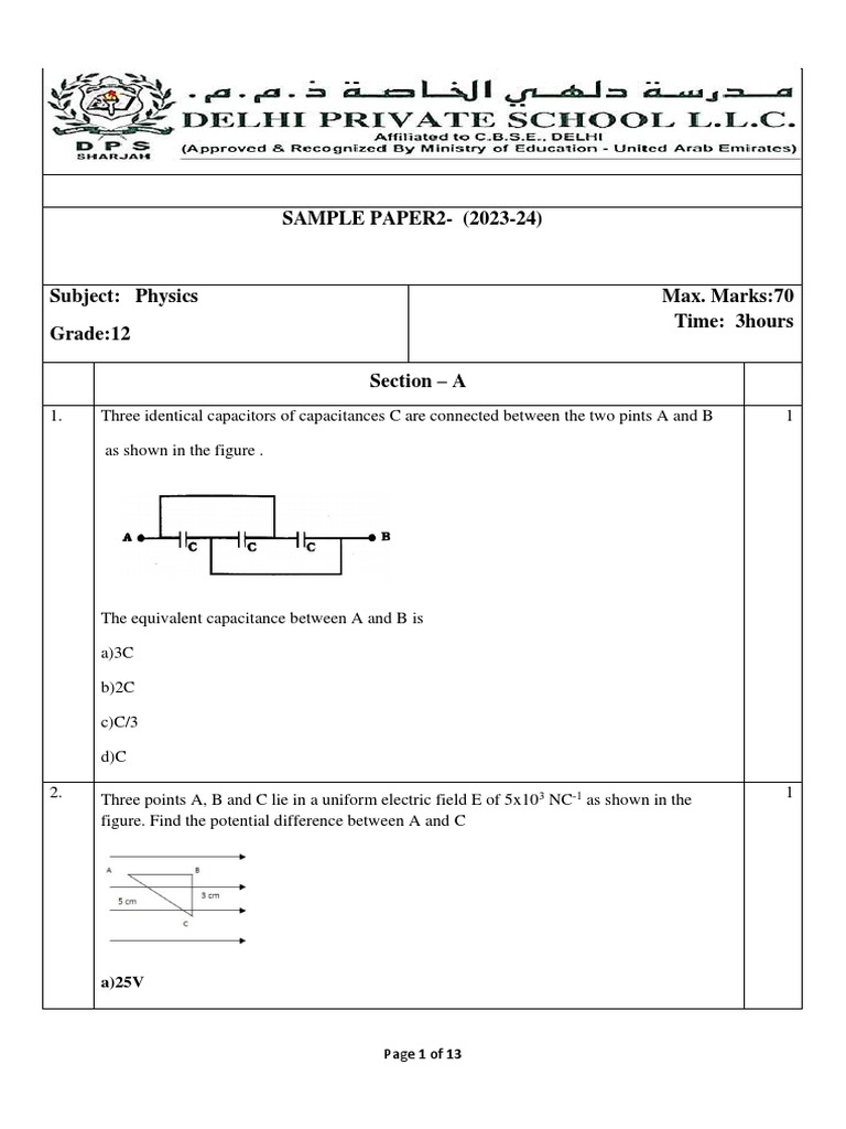 Grade 12 FT Sample Paper 2 QP | PDF | Capacitor | Electrical Resistance And Conductance