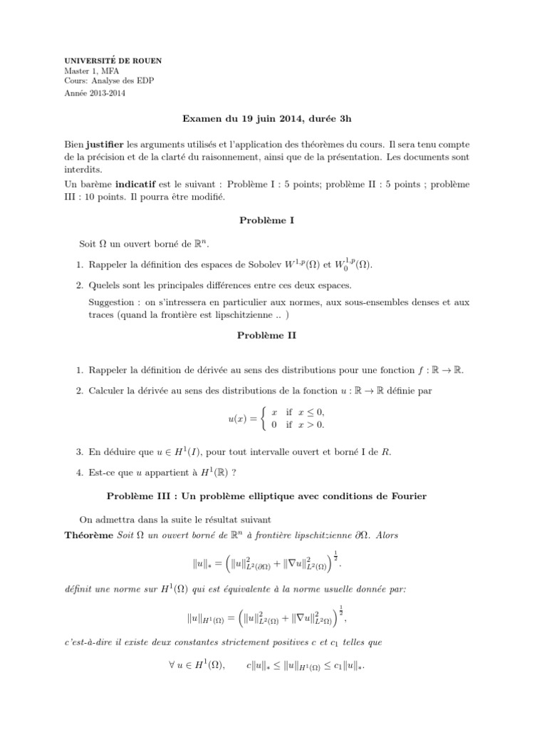 Universit E de Rouen Master 1, MFA Cours: Analyse Des EDP Ann Ee 2013 ...