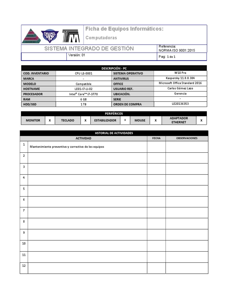 Fichas de Equipos Informáticos | PDF | Hardware de la computadora ...