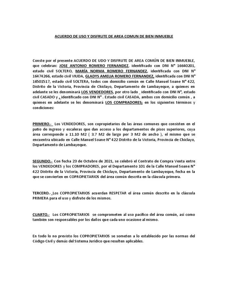 Acuerdo de Uso y Disfrute de Area Comun de Bien Inmueble | PDF