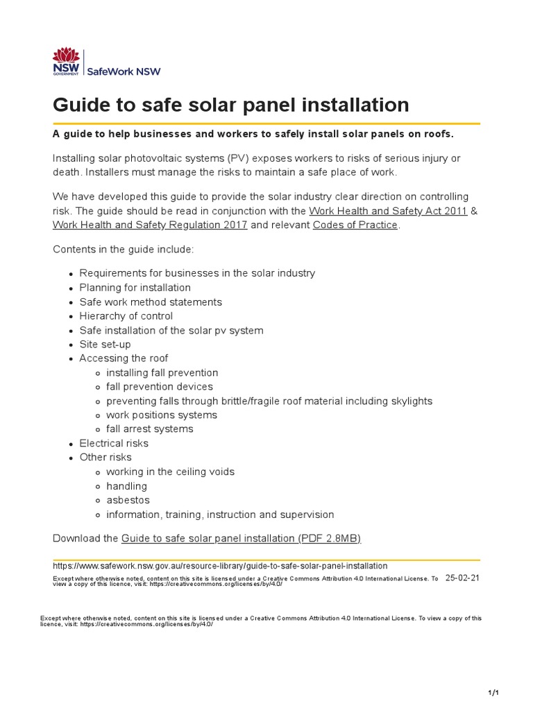 Safework - Nsw.gov - Au-Guide To Safe Solar Panel Installation | PDF ...