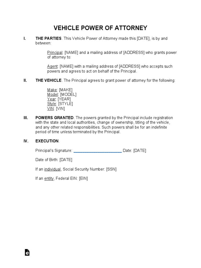 Motor Vehicle Power of Attorney Form | PDF