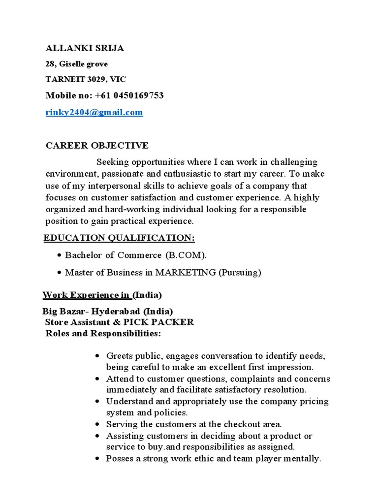 SRIJA Warehouse Resume PDF | PDF