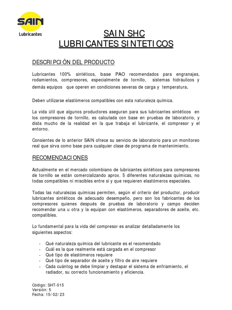 Lubricantes Sintéticos SAIN para Compresores | PDF | Lubricante | Agua