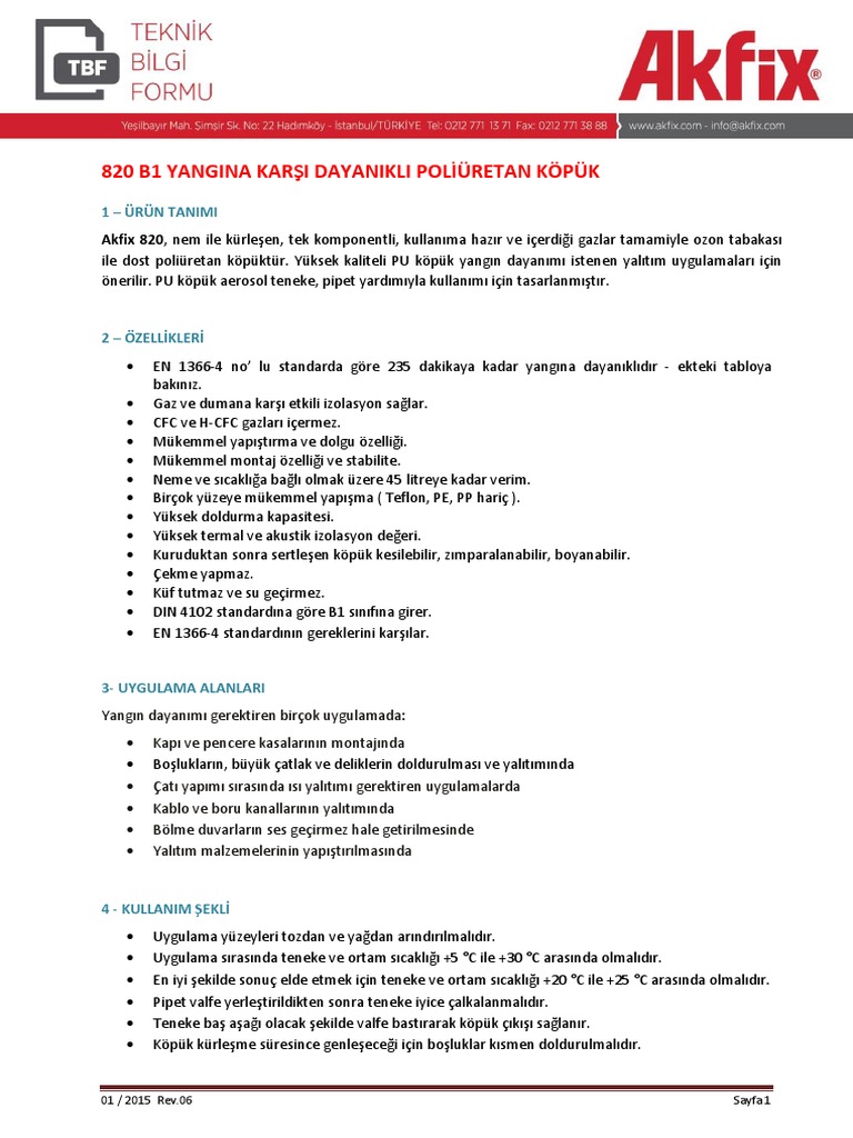 AKfix yangına dayanıklı köpük 820_B1_Fire_Rated_Pu_Foam--TDS_TR | PDF