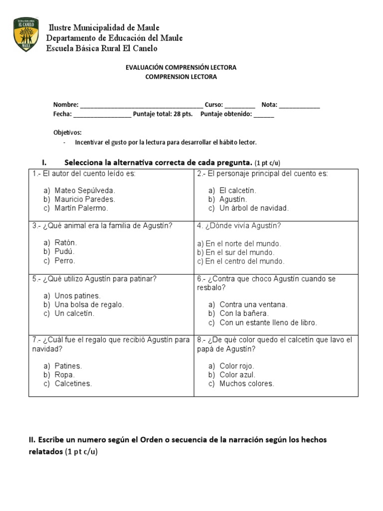 Evaluación El Calcetín de Agustín | PDF