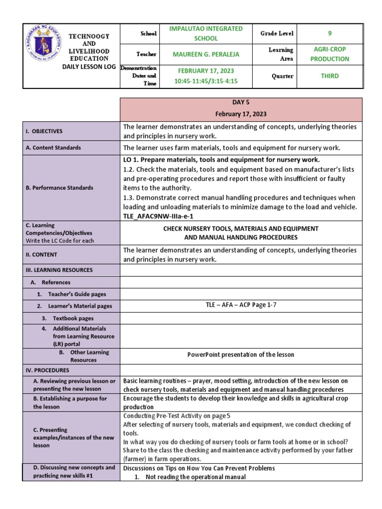 Daily Lesson Log: LO 1. Prepare Materials, Tools and Equipment For ...