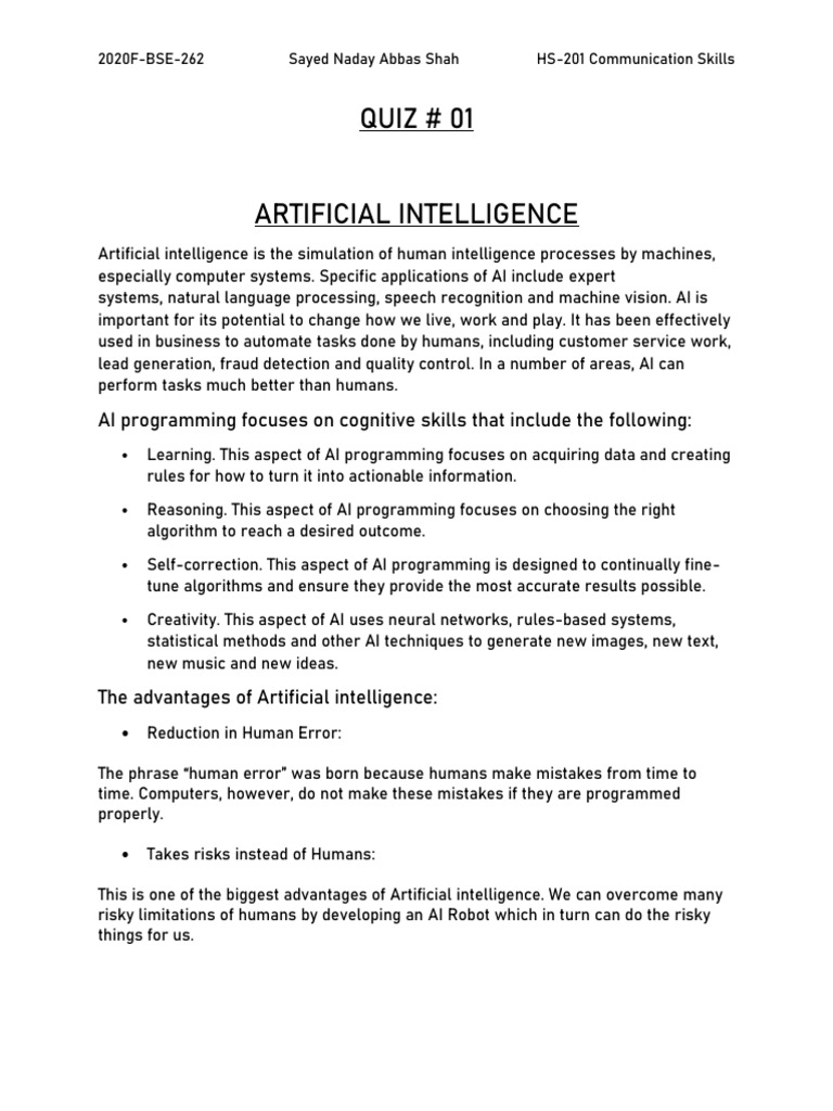 Communication Skills Quiz 1 | PDF | Artificial Intelligence ...