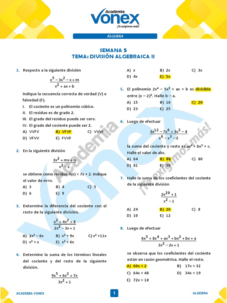 Boletín de Álgebra Semana 5 | PDF | Matemáticas | Aritmética