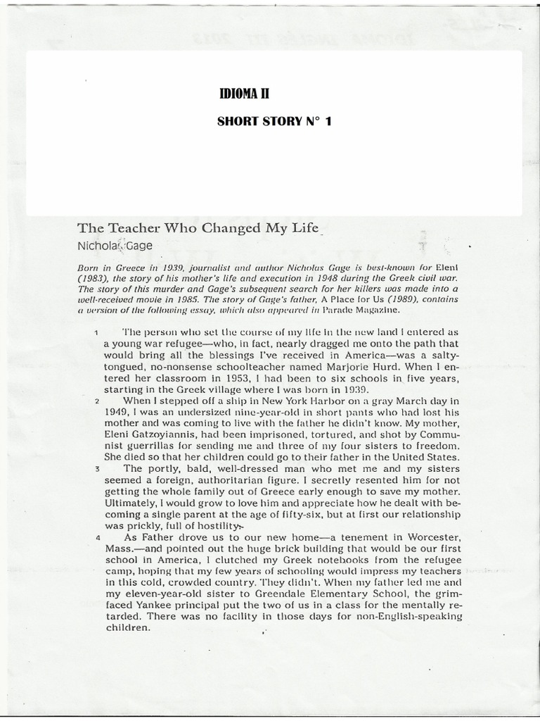 The Teacher Who Changed My Life - Nicholas Gage | PDF