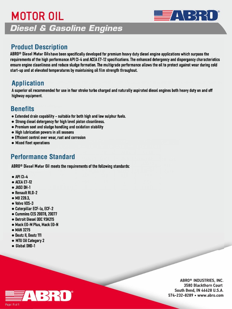 ABRO Diesel Motor Oil Tech Data Sheet 2023 | PDF