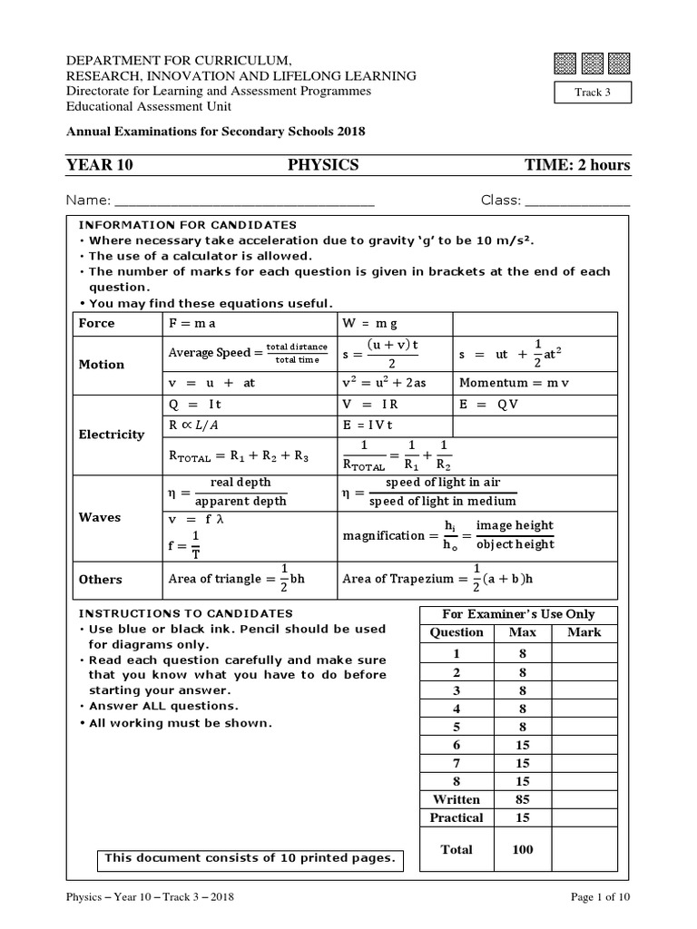 Physics Yr10 Tr3 2018 | PDF