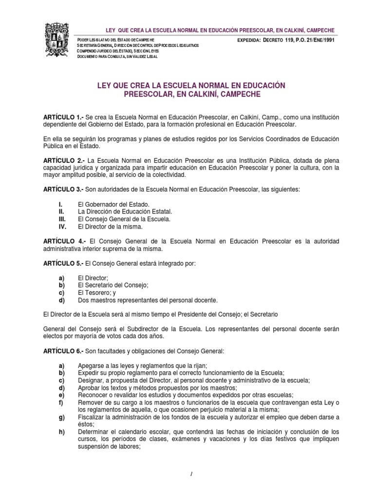 Ley Que Crea A La Escuela Normal en Educacion Preescolar en Calkini ...