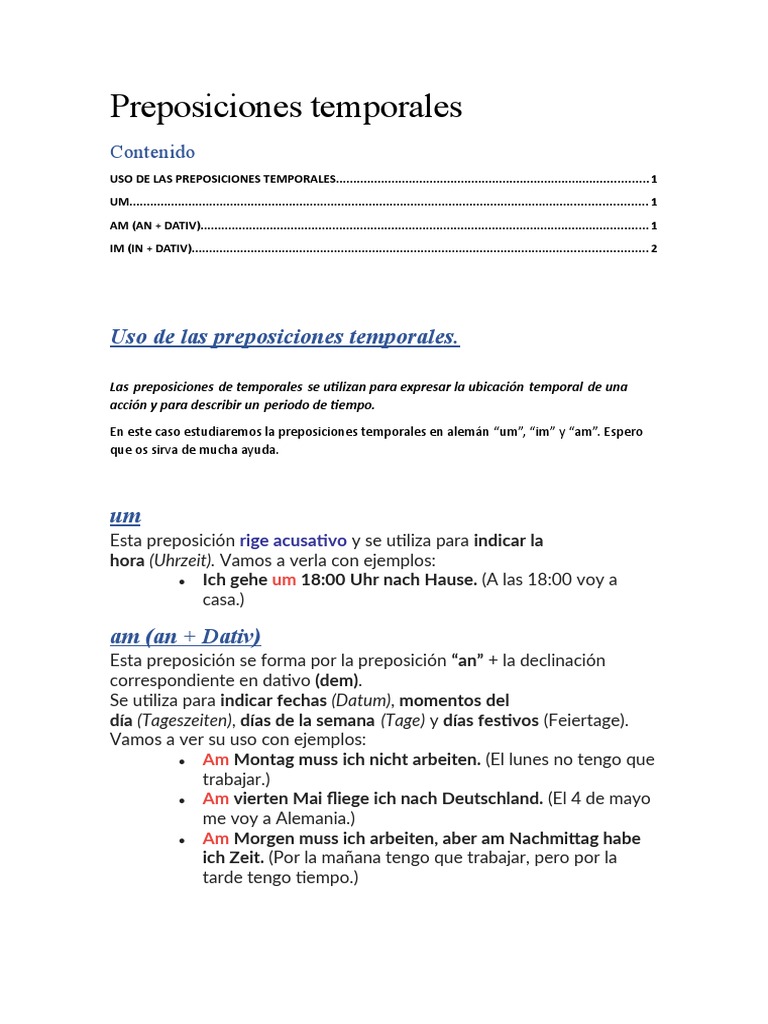 Preposiciones Temporales Aleman | PDF