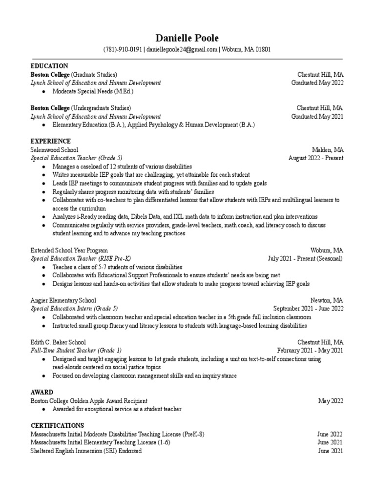 Danielle Poole - Resume - Spring 2023 | PDF | Special Education | Teachers