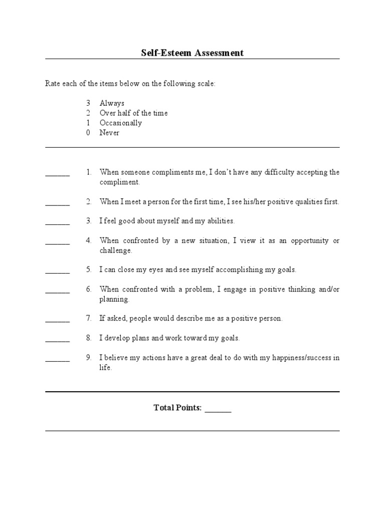 Self Esteem Assessment | PDF