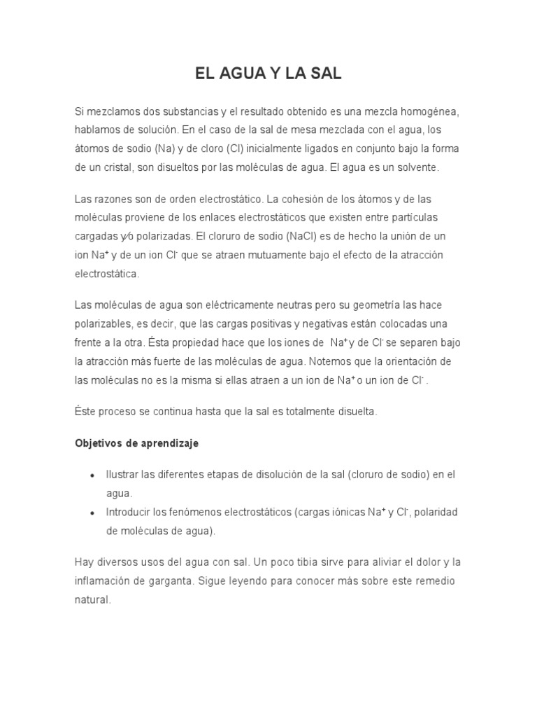 El Agua y La Sal | PDF | Sal (química) | Moléculas