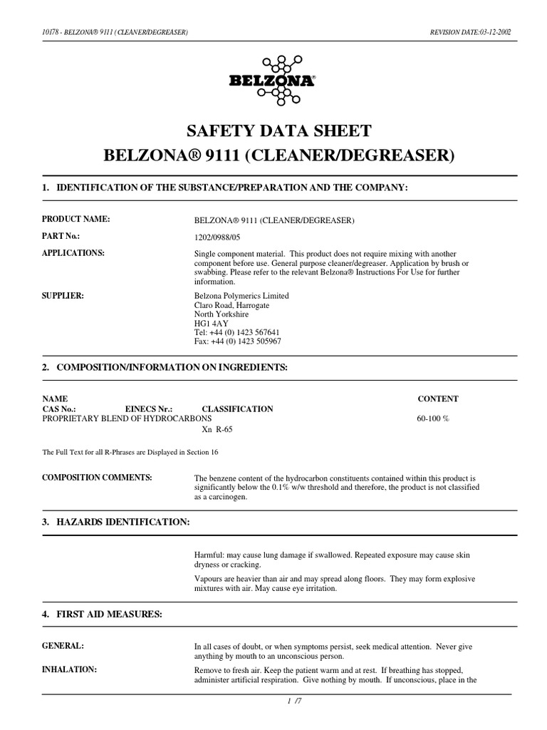 Safety Data Sheet Belzona® 9111 (Cleaner/Degreaser) : 1. Identification of The Substance ...