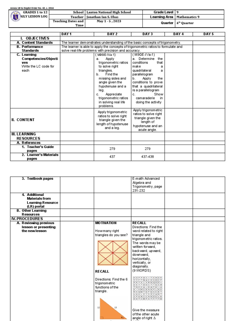 Week 2 DLL For LC 47.2a - B-Solving Right Triangle (Joya) | PDF ...
