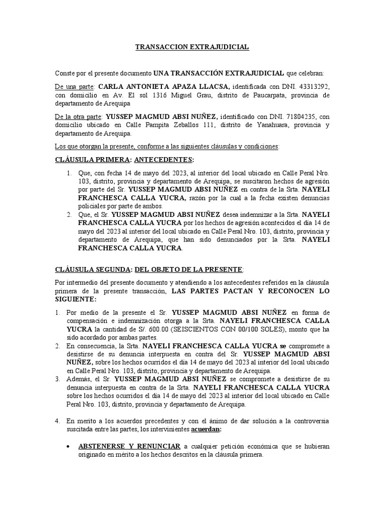 Transaccion Extrajudicial | PDF