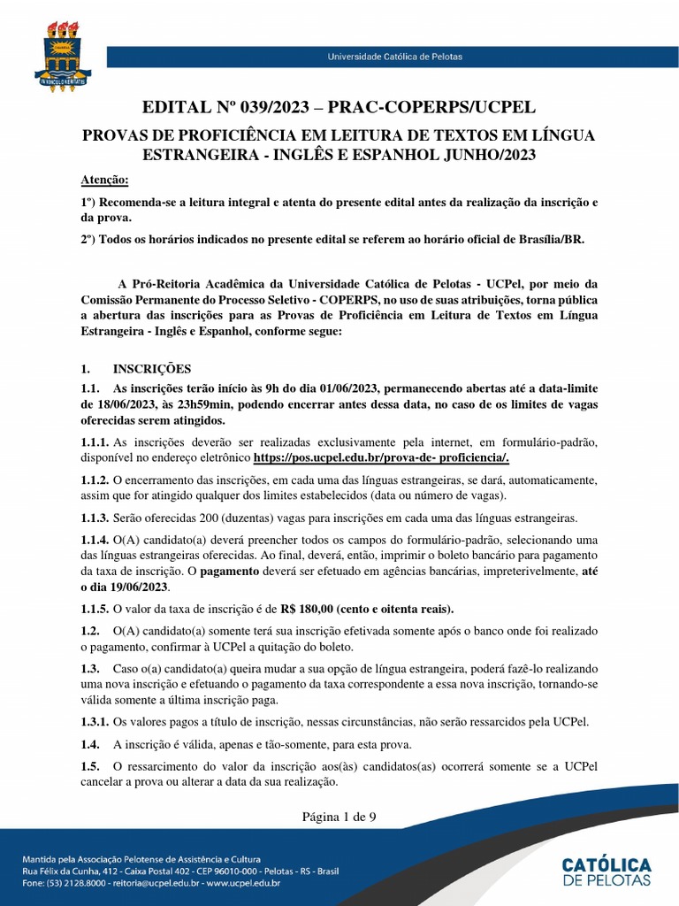 EDITAL No 039 2023 PRAC COPERPS UCPEL Provas de Proficiencia Junho 2023 | Download grátis PDF ...