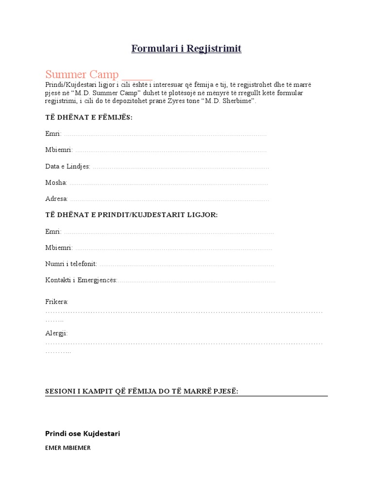 Formulari I Regjistrimit Te Femijes | PDF