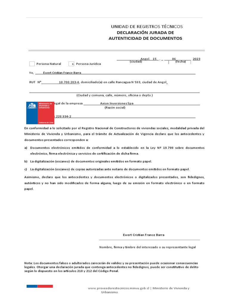 Declaracion Jurada Autenticidad de Documentos | PDF