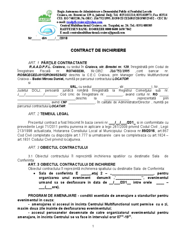 Draft-contract-de-inchiriere-Sala-de-Conferinta | PDF