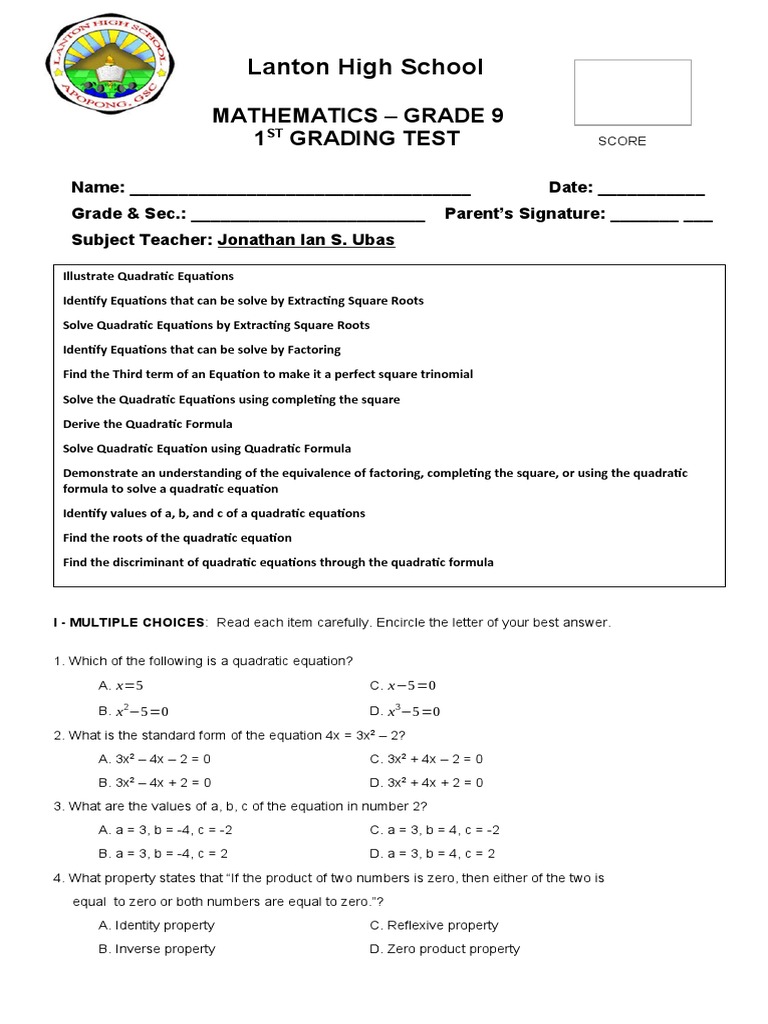 Math 9 1st Grading Exam | PDF | Quadratic Equation | Equations
