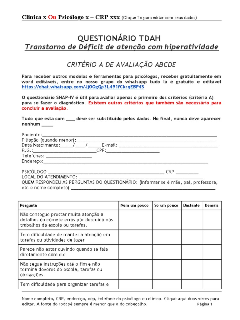 Questionario_Diagnostico_TDAH_em_criancas_ler_as_instruções_antes | PDF ...