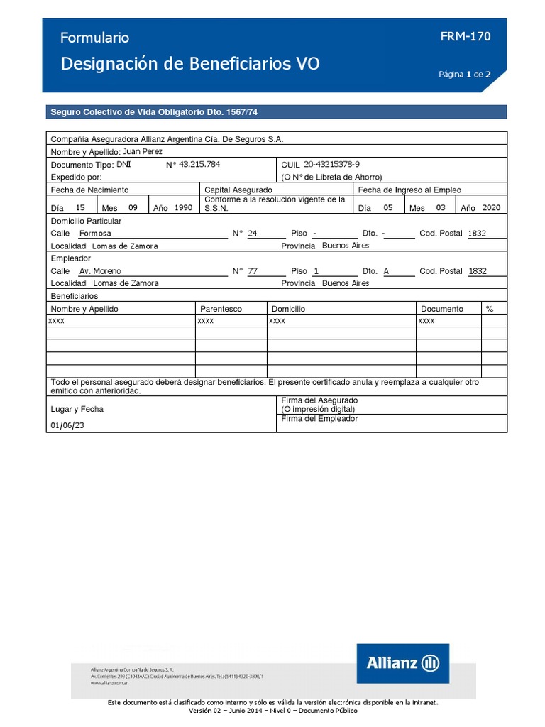 3 - Planilla Del Seguro de Vida Obligatorio Ejemplo. | PDF | Seguro