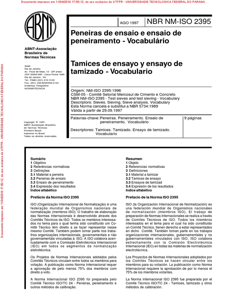 NBR NM-ISO 2395 - Peneiras e Ensaio de Peneiramento | PDF