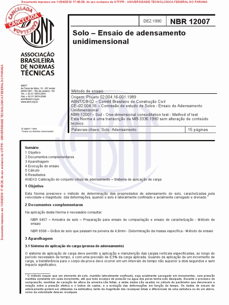 NBR12007 - Solo - Ensaio de Adensamento (CANCELADO) | PDF | Pressão | Solo