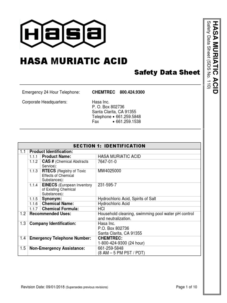 HASA Muriatic Acid Safety Data Sheet | PDF | Hydrochloric Acid | Water