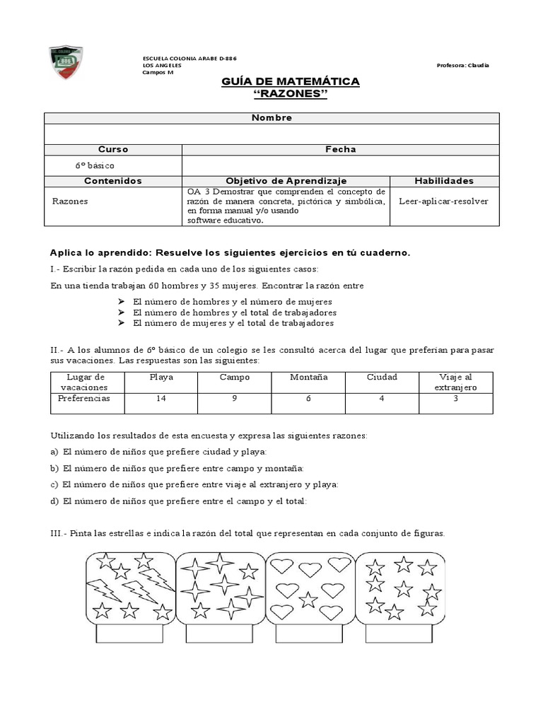 Guía de Matemática: Razones para 6° Básico | PDF