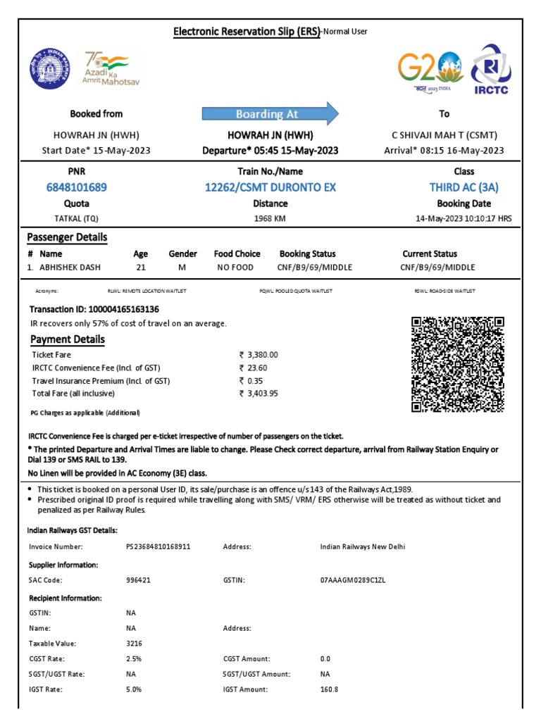 12262/Csmt Duronto Ex Third Ac (3A) | PDF | Identity Document