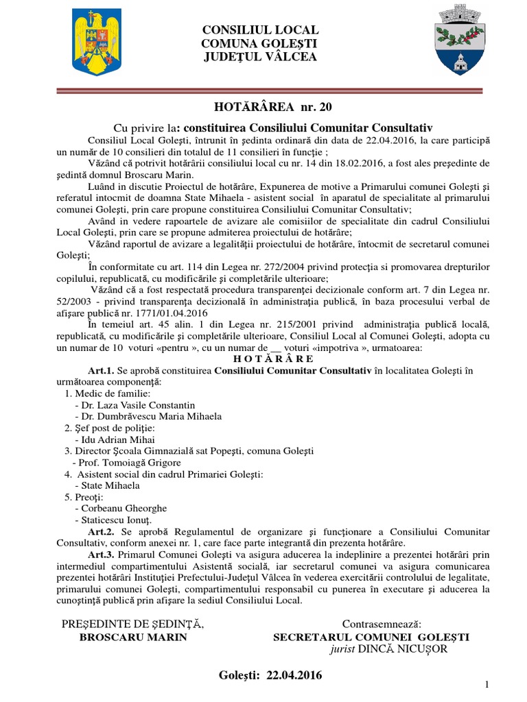 Constituire Consiliul Comunitar Consultativ | PDF
