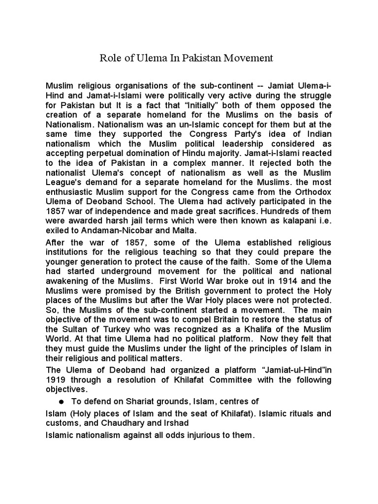 Role of Ulema in Pakistan Movement | PDF | Pakistan Movement | Ulama
