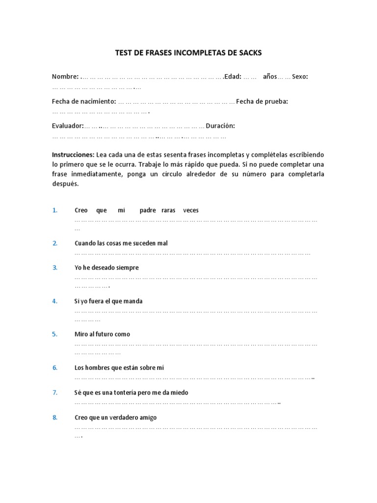 Test de Frases Incompletas Sacks | PDF | Deportes y actividades al aire ...