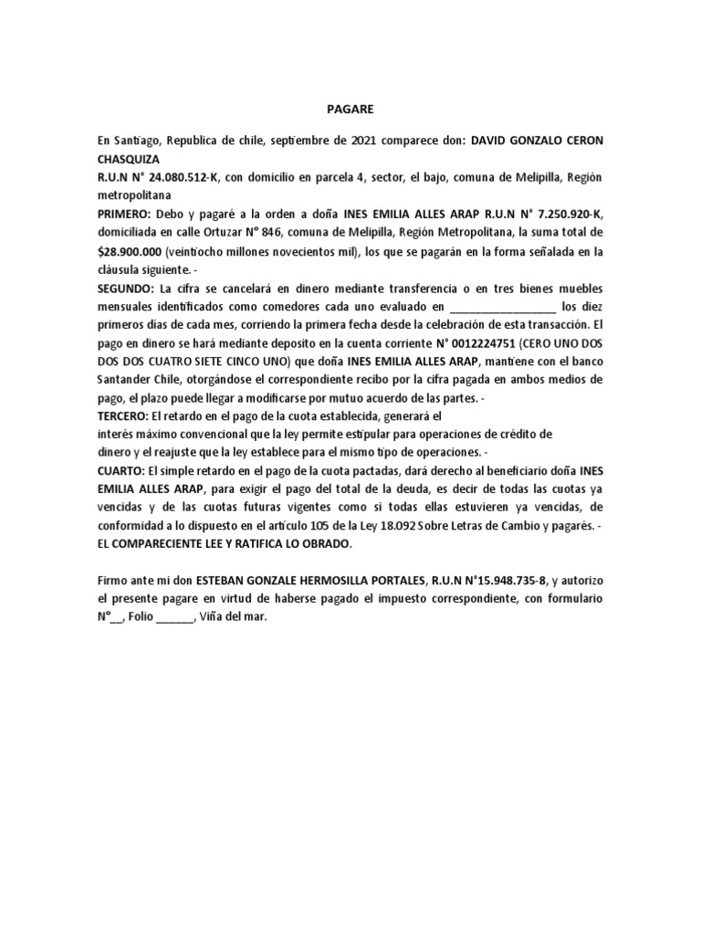 Pagaré entre David Cerón e Inés Alles | PDF