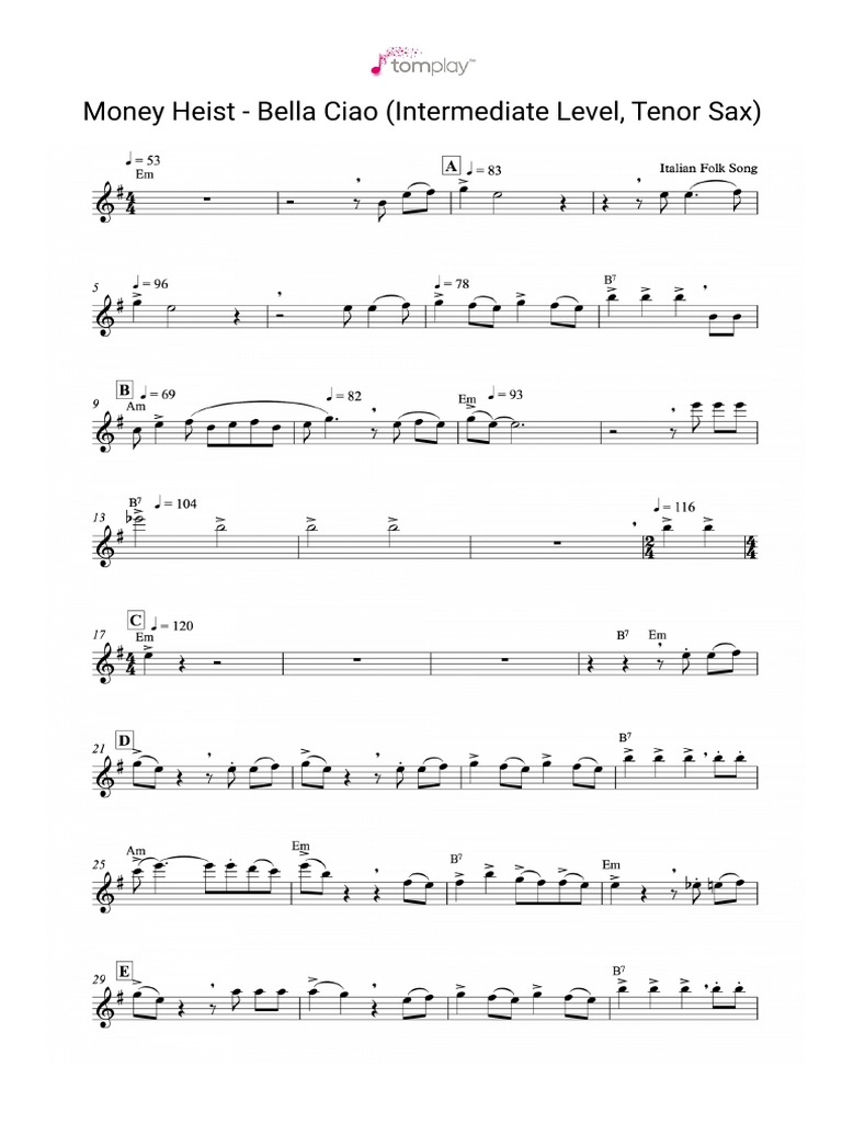 Money Heist - Bella Ciao (Intermediate Level, Tenor Sax) | PDF Money Heist - Bella Ciao (Intermediate Level, Tenor Sax) | PDF